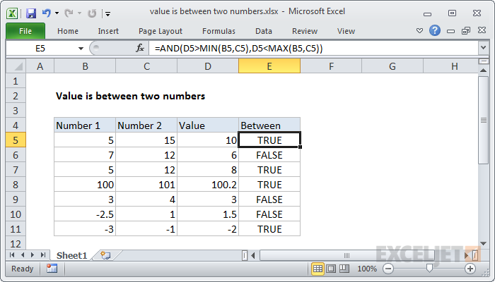 Value Is Between Two Numbers Excel Formula Exceljet